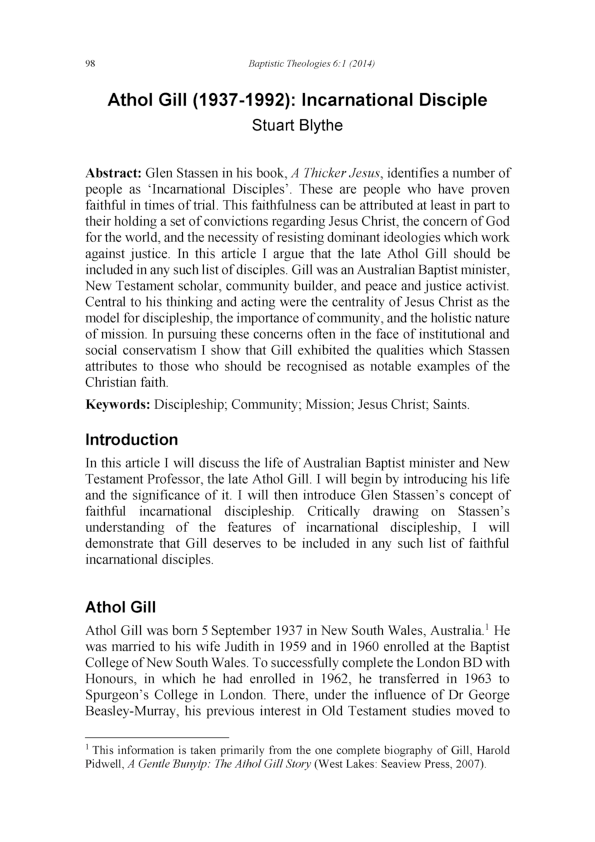 (PDF) Athol Gill (1937-1992): Incarnational Disciple