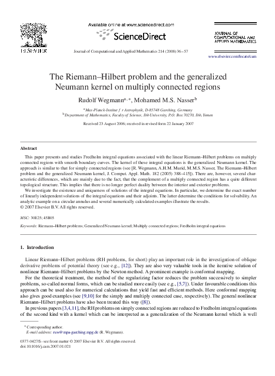(PDF) The Riemann–Hilbert problem and the generalized Neumann kernel on ...