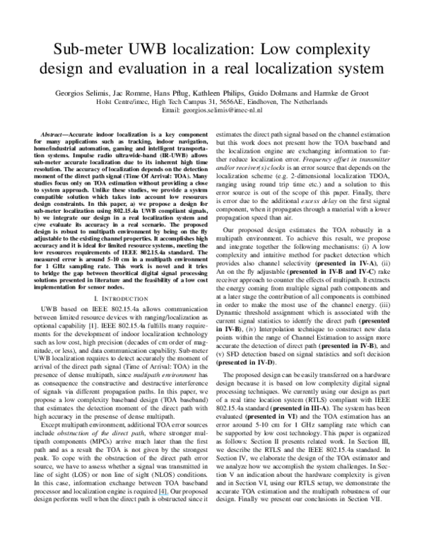 Pdf Sub Meter Uwb Localization Low Complexity Design And Evaluation