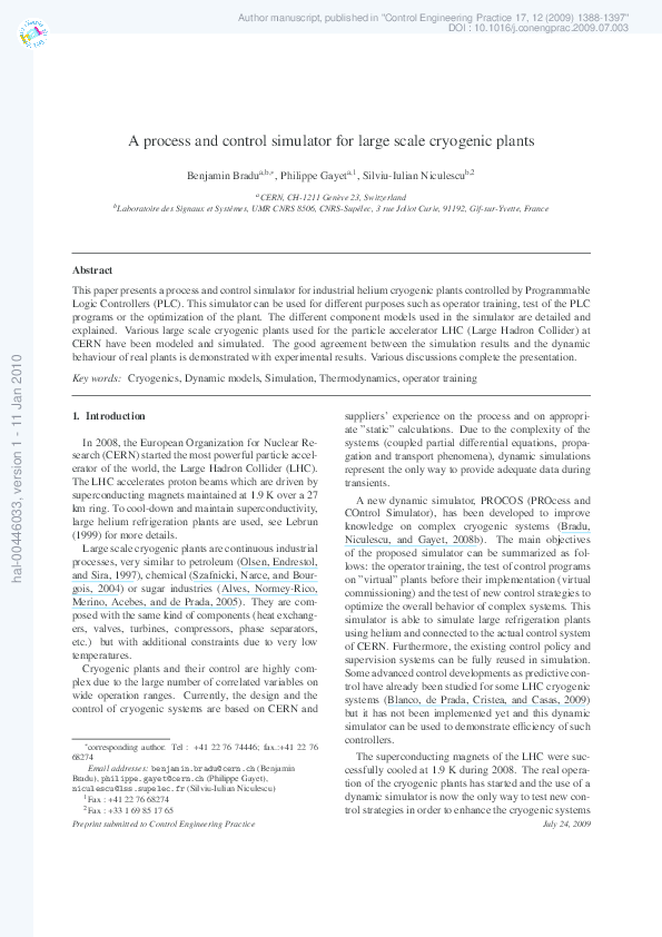 (PDF) A process and control simulator for large scale cryogenic plants