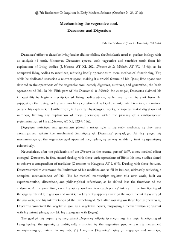 (PDF) Mechanizing the vegetative soul. Descartes and Digestion