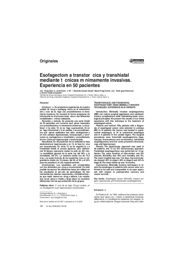 (PDF) Esofagectomía transtorácica y transhiatal mediante técnicas ...