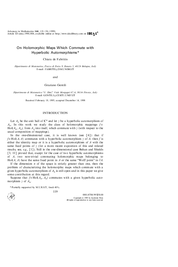 (PDF) On Holomorphic Maps Which Commute with Hyperbolic Automorphisms
