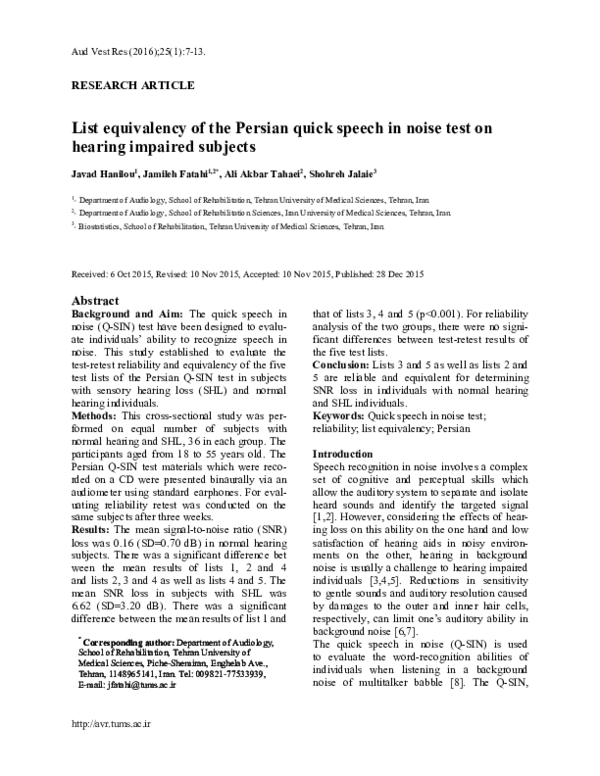 (PDF) Test-retest reliability and list equivalency of Persian quick ...