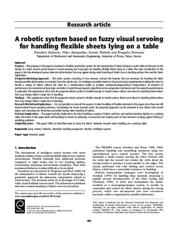 (PDF) A robotic system based on fuzzy visual servoing for handling flexible sheets lying on a table