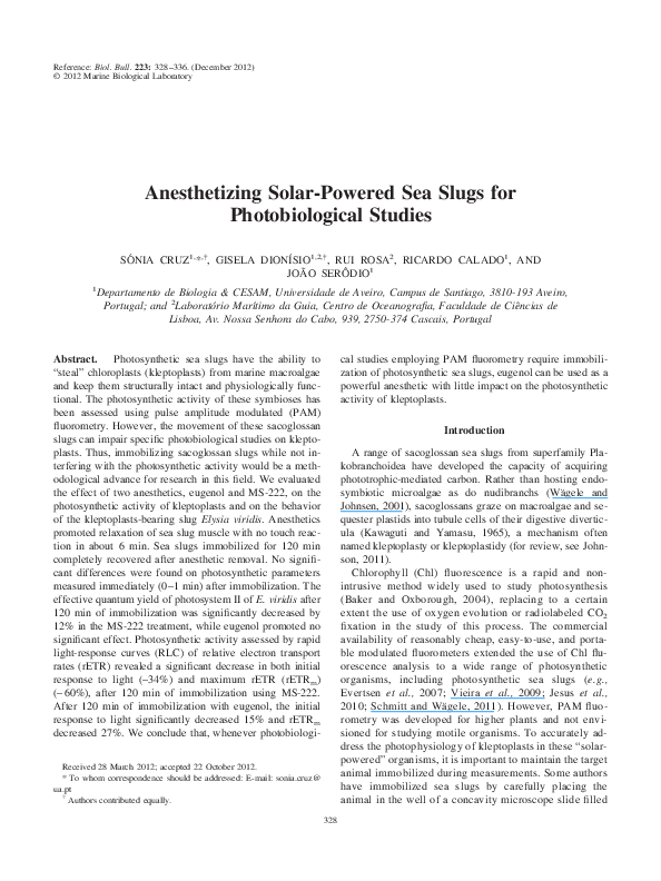 (PDF) Anesthetizing solar-powered sea slugs for photobiological studies