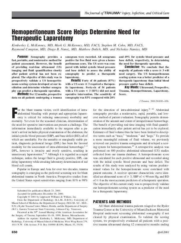 (PDF) Hemoperitoneum Score Helps Determine Need for Therapeutic Laparotomy