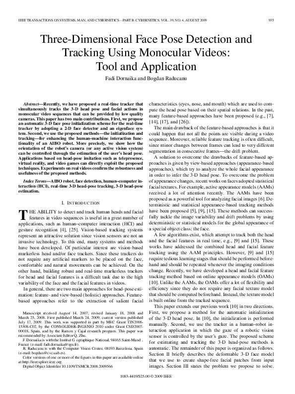 Pdf Three Dimensional Face Pose Detection And Tracking Using Monocular Videos Tool And