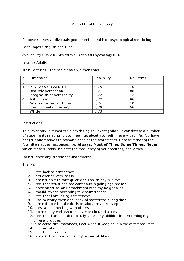 (DOC) Mental Health Inventory | humairo jamilah - Academia.edu