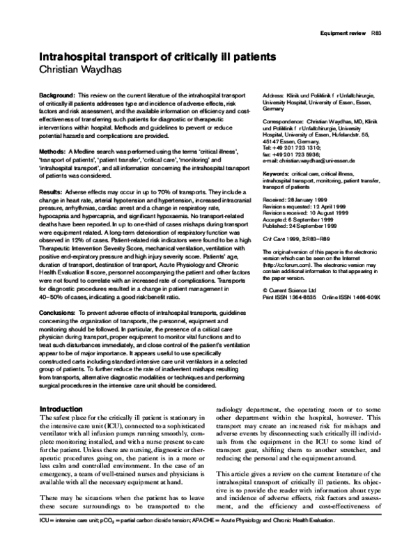 (PDF) Intrahospital transport of critically ill patients