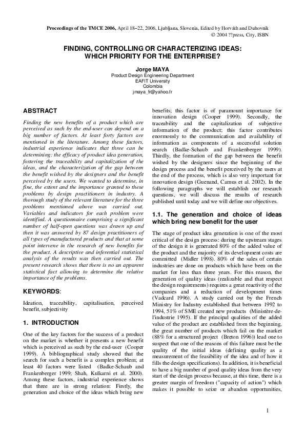 (PDF) Finding, Controlling or Characterizing Ideas: Which Priority for the Enterprise? TMCE-2006 ...