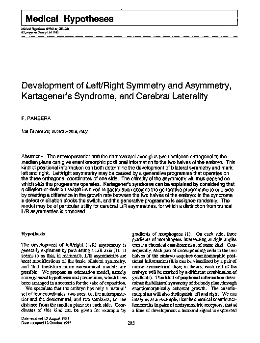 (PDF) Development of left/right symmetry and asymmetry, Kartagener's ...