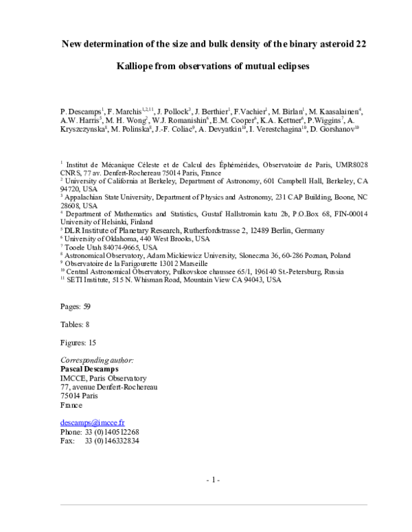 (PDF) New determination of the size and bulk density of the binary Asteroid 22 Kalliope from ...
