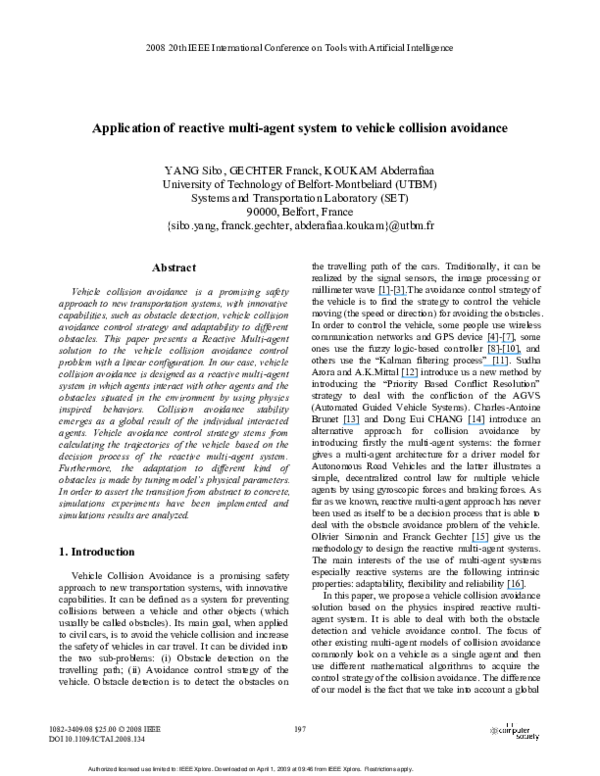 (PDF) Application of Reactive Multi-agent System to Vehicle Collision Avoidance