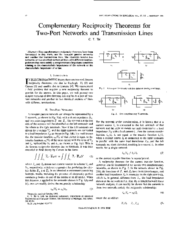 Pdf Complementary Reciprocity Theorems For Two Port Networks And Transmission Lines