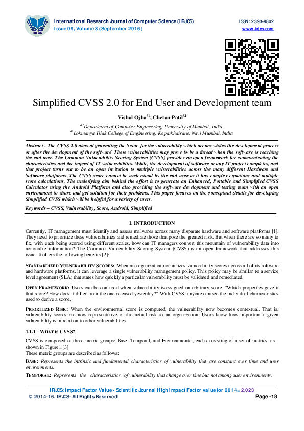 (PDF) Simplified CVSS 2.0 for End User and Development team | IRJCS ...