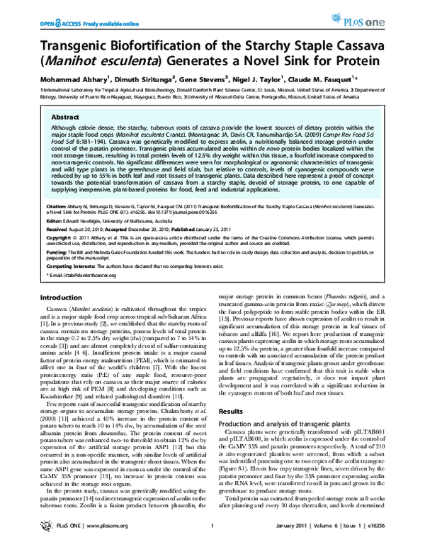 (PDF) Transgenic Biofortification of the Starchy Staple Cassava ...