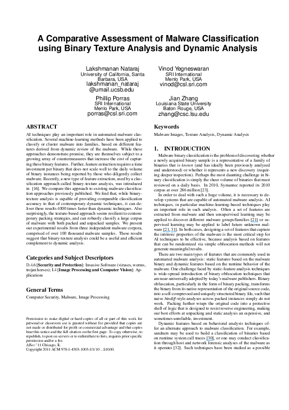 Pdf A Comparative Assessment Of Malware Classification Using Binary Texture Analysis And