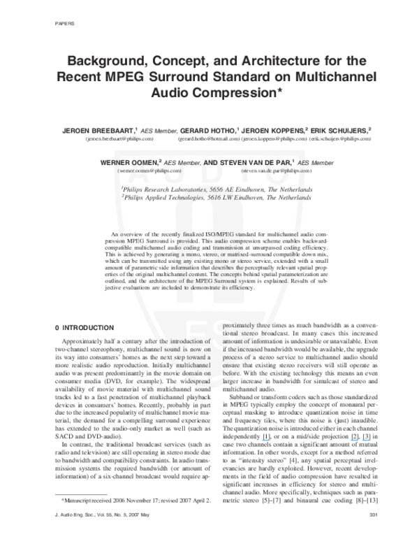 (PDF) Background, concept, and architecture for the recent MPEG surround standard on ...
