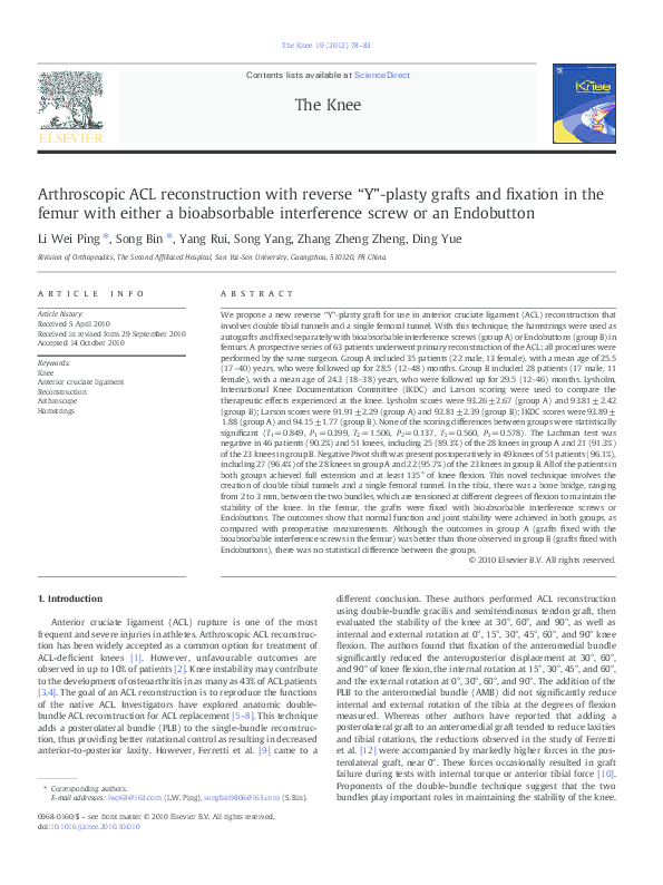 (PDF) Arthroscopic ACL reconstruction with reverse “Y”-plasty grafts ...