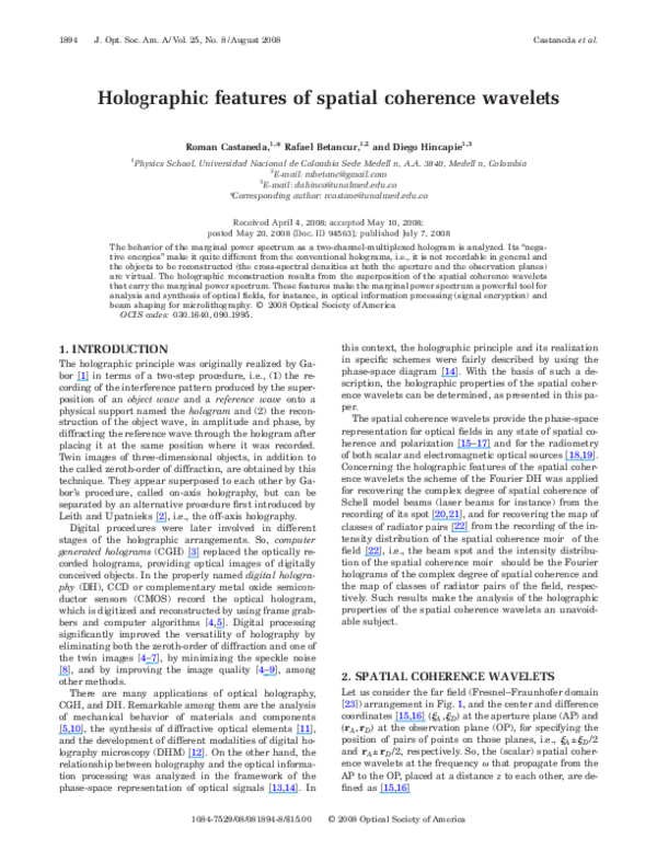 Pdf Holographic Features Of Spatial Coherence Wavelets