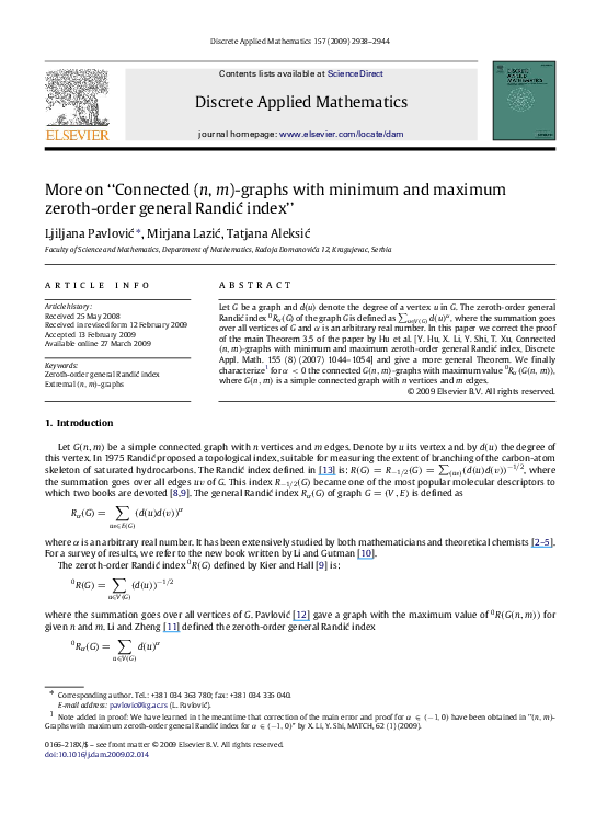 (PDF) More on "Connected (n, m)-graphs with minimum and maximum zeroth-order general Randic index