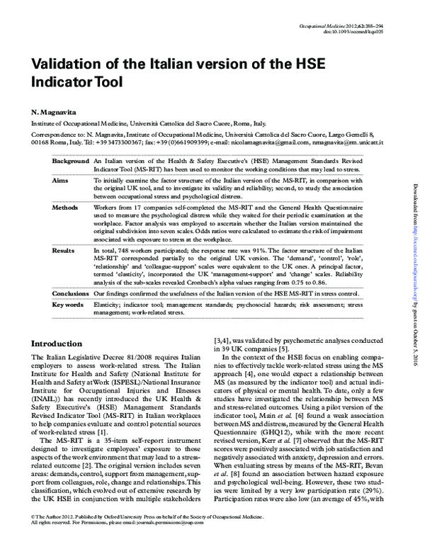 (PDF) Validation of the Italian version of the HSE Indicator Tool
