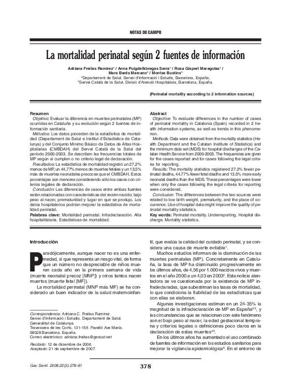 (PDF) La mortalidad perinatal según 2 fuentes de información