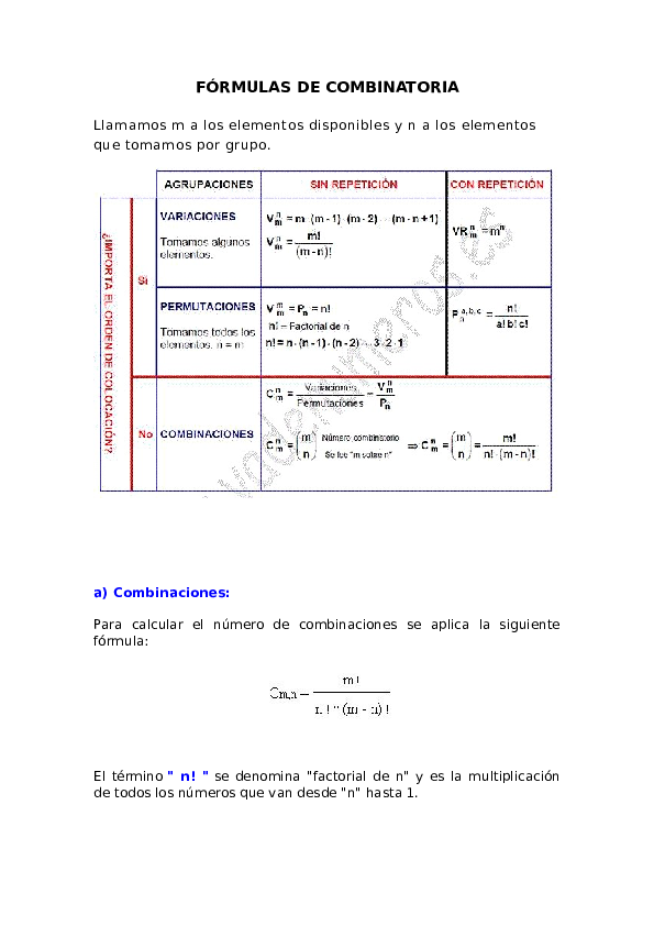 (DOC) FÓRMULAS DE COMBINATORIA