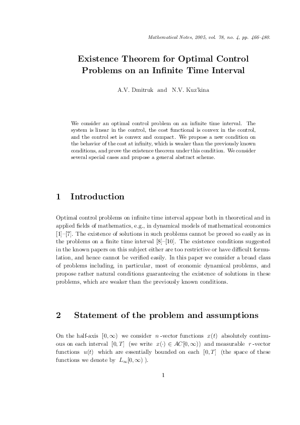 (PDF) Existence Theorem in the Optimal Control Problem on an Infinite Time Interval