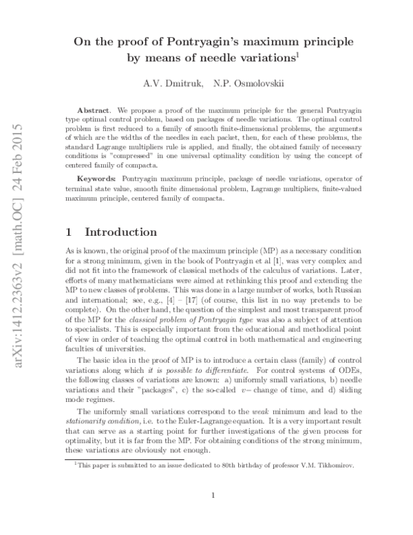 (PDF) On the proof of Pontryagin's maximum principle by means of needle ...