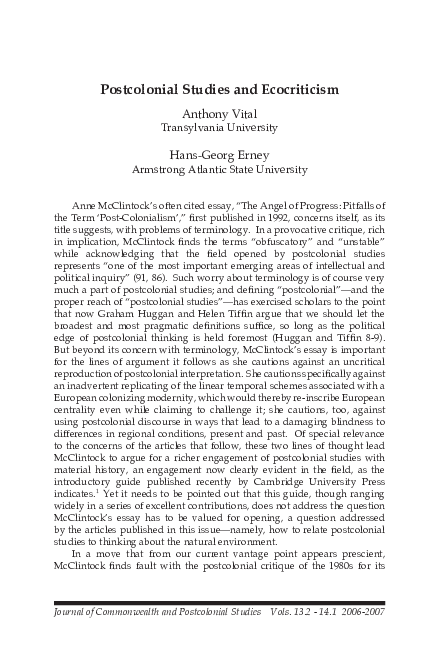 (PDF) "Postcolonial Studies and Ecocriticism" (with Hans-Georg Erney)