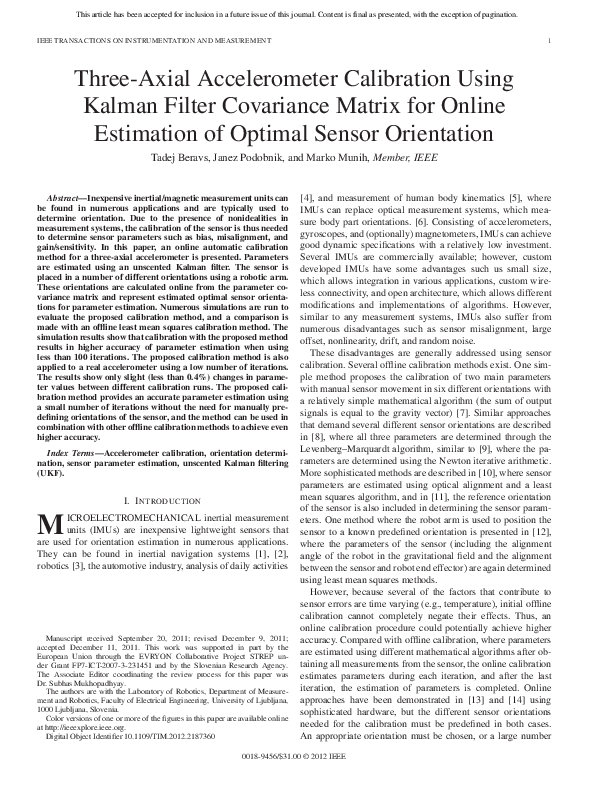 (PDF) Three-Axial Accelerometer Calibration Using Kalman Filter ...