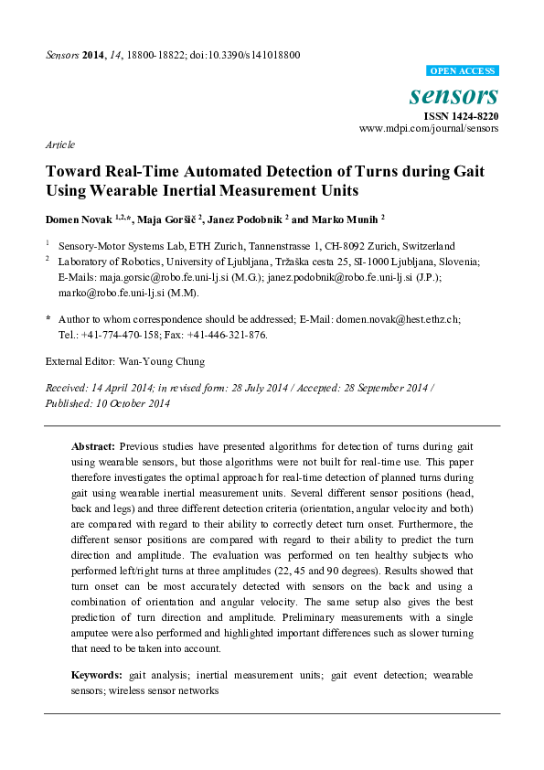 Pdf Toward Real Time Automated Detection Of Turns During Gait Using Wearable Inertial