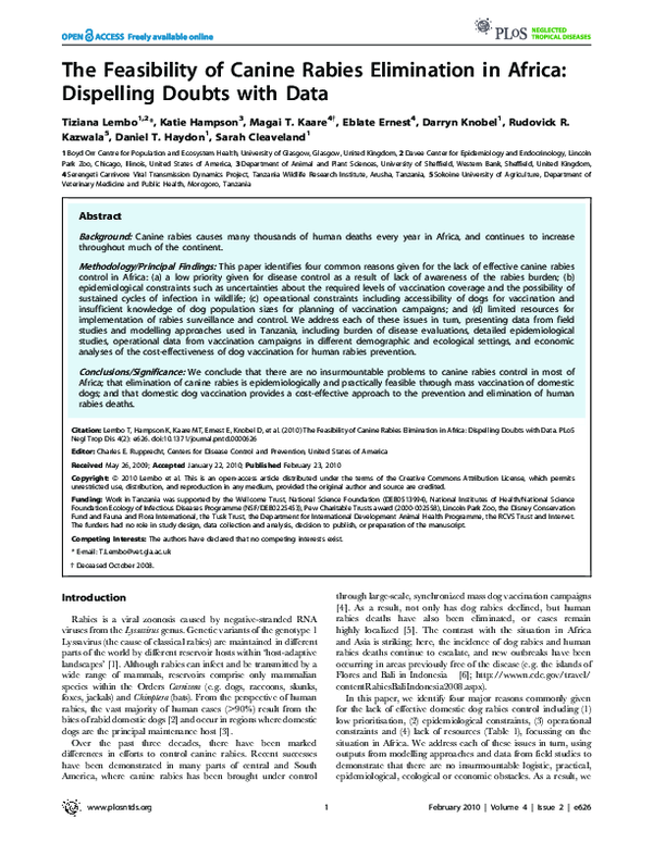 (PDF) Transmission Dynamics and Prospects for the Elimination of Canine ...