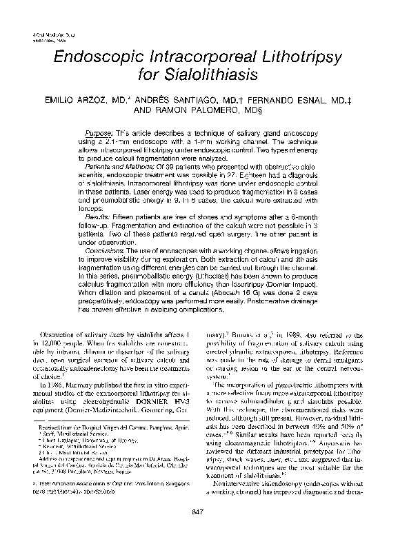 (PDF) Endoscopic intracorporeal lithotripsy for sialolithiasis