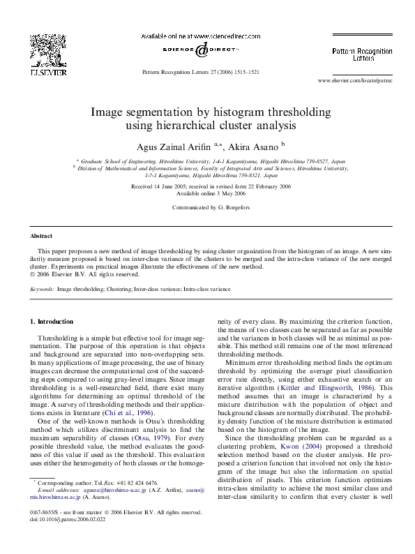 Pdf Image Segmentation By Histogram Thresholding Using Hierarchical Cluster Analysis 
