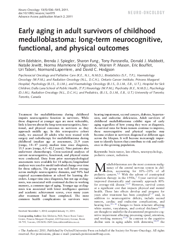 (PDF) Early aging in adult survivors of childhood medulloblastoma: long-term neurocognitive ...