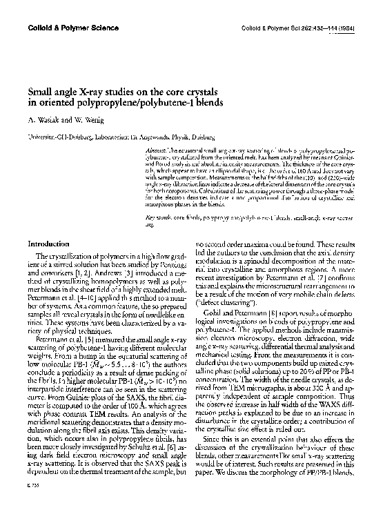(PDF) Small angle X-ray studies on the core crystals in oriented polypropylene/polybutene-1 blends