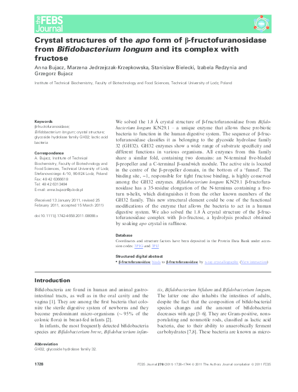 (PDF) Crystal structures of the apo form of β-fructofuranosidase from ...