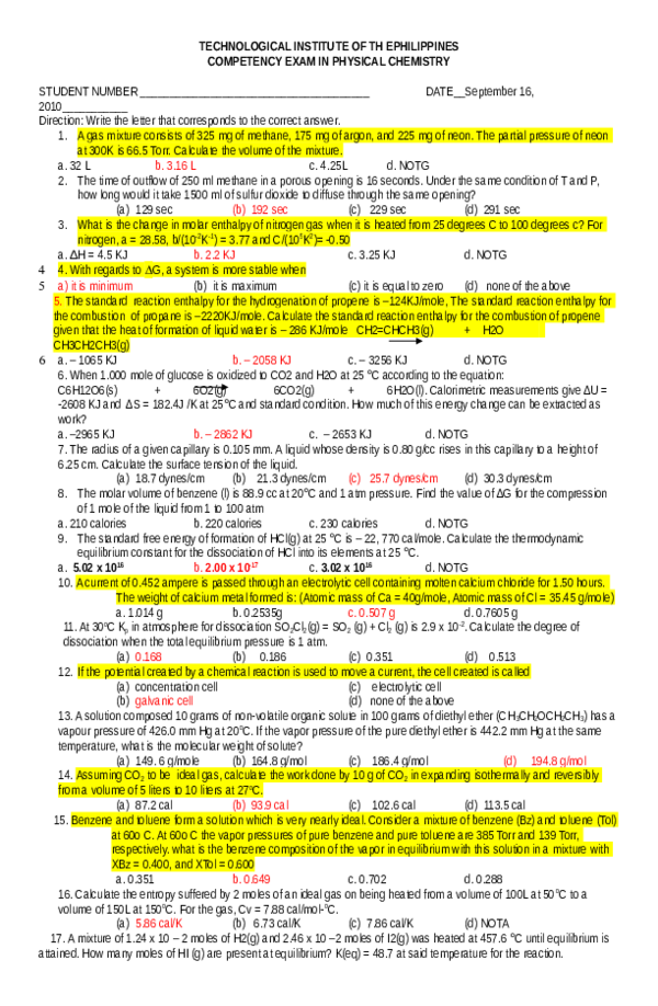 (DOC) COMPETENCY EXAM IN PHYSICAL CHEMISTRY