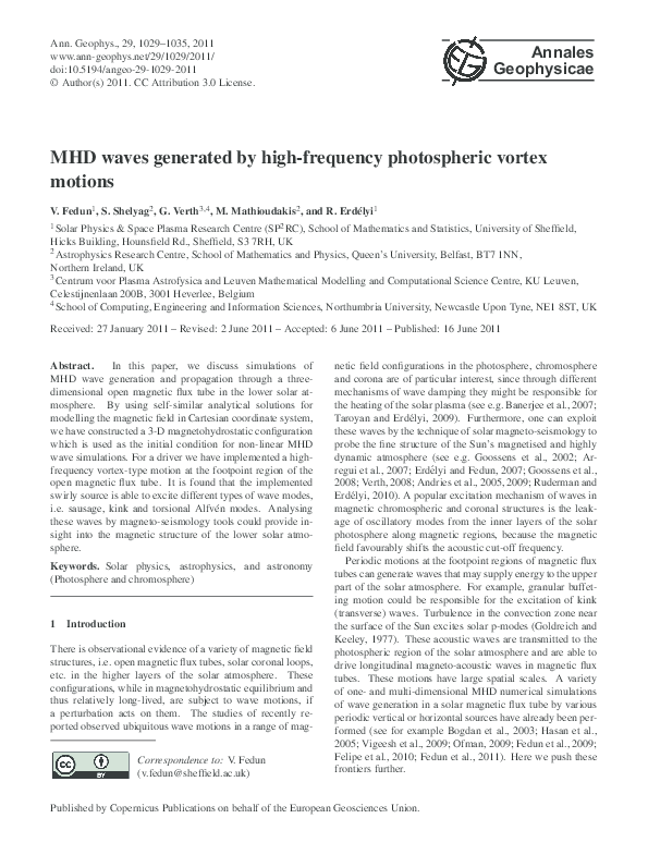 (PDF) MHD waves generated by high-frequency photospheric vortex motions