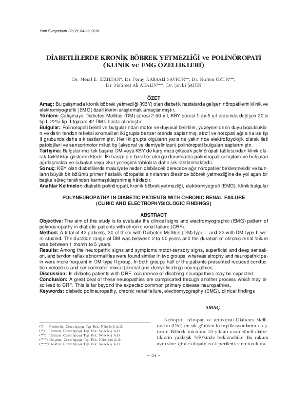 (PDF) D‹ABETL‹LERDE KRON‹K BÖBREK YETMEZL‹⁄‹ ve POL‹NÖROPAT‹ (KL‹N‹K ve EMG ÖZELL‹KLER‹)