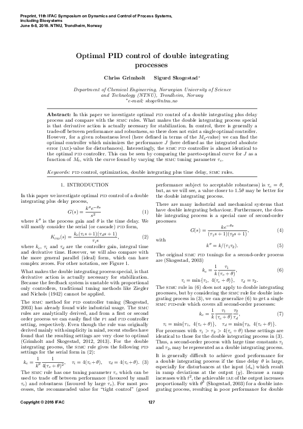 Pdf Optimal Pid Control Of Double Integrating Processes