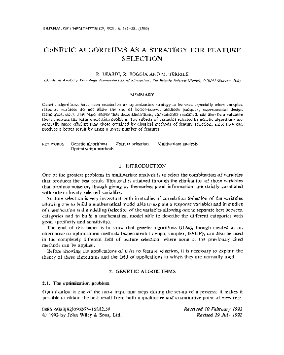 Pdf Genetic Algorithms As A Strategy For Feature Selection
