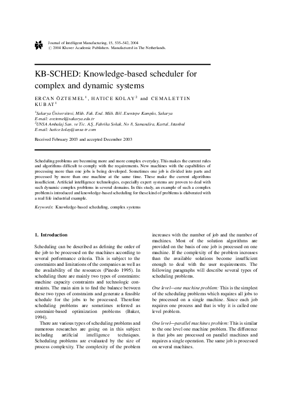 (PDF) KB-SCHED: Knowledge-based scheduler for complex and dynamic systems