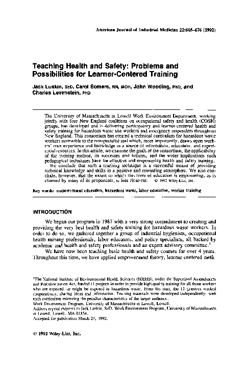 (PDF) Teaching health and safety: Problems and possibilities for ...