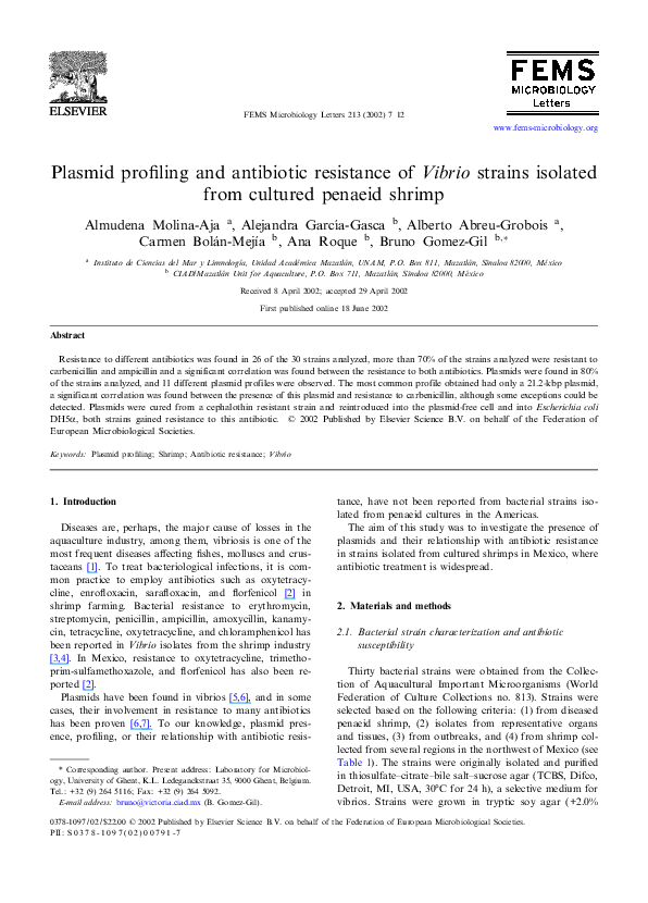(PDF) Plasmid profiling and antibiotic resistance of Vibrio strains ...