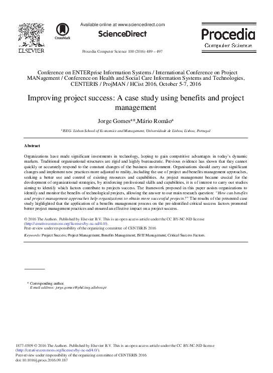 (PDF) Improving project success: A case study using benefits and ...