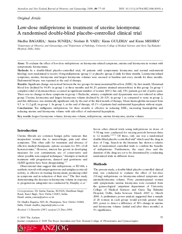 (PDF) Low-dose mifepristone in treatment of uterine leiomyoma: A ...